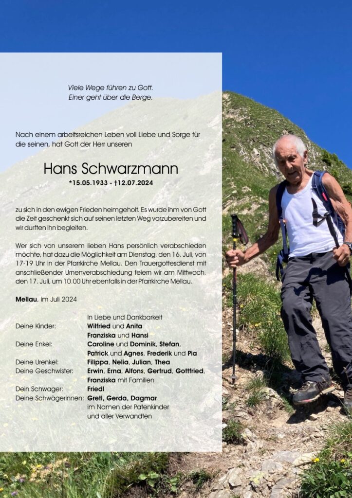 Traueranzeige Herr Hans Schwarzmann Mellau