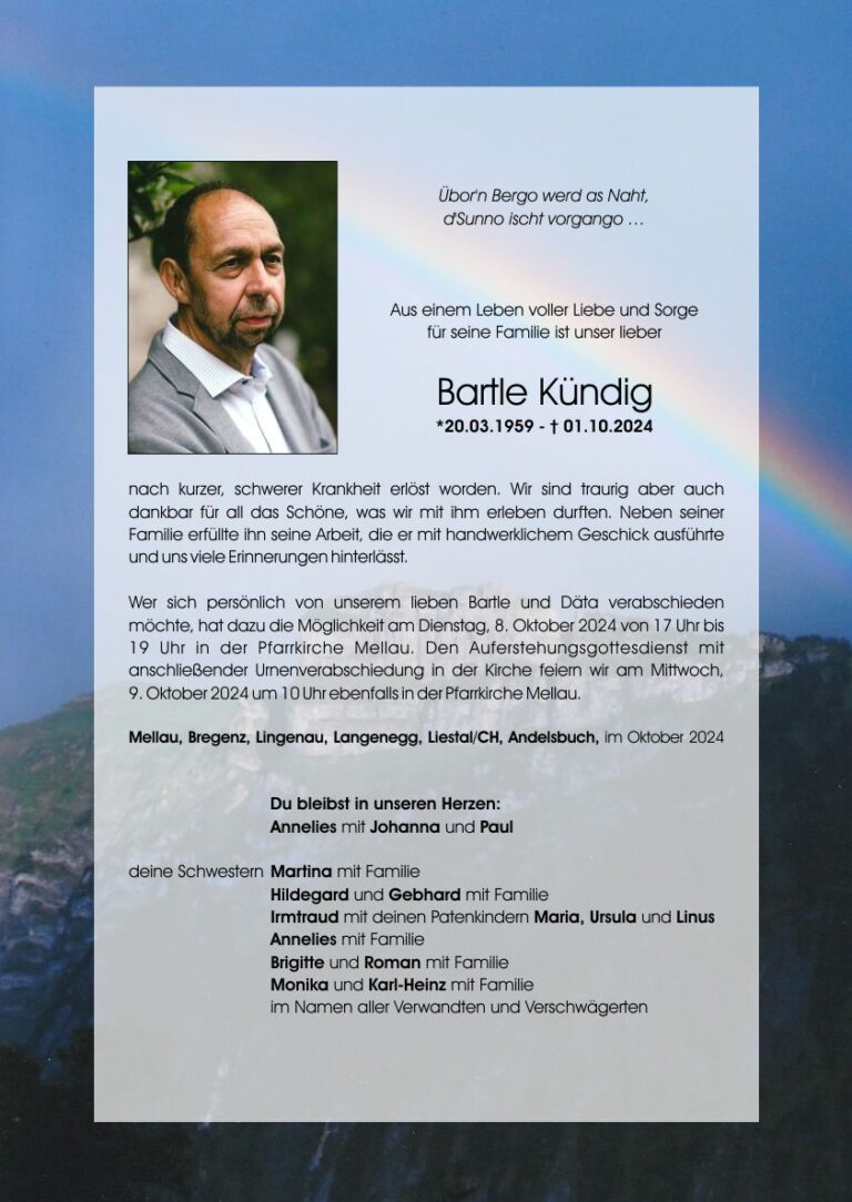 Traueranzeige Herr Bartle Kündig Mellau