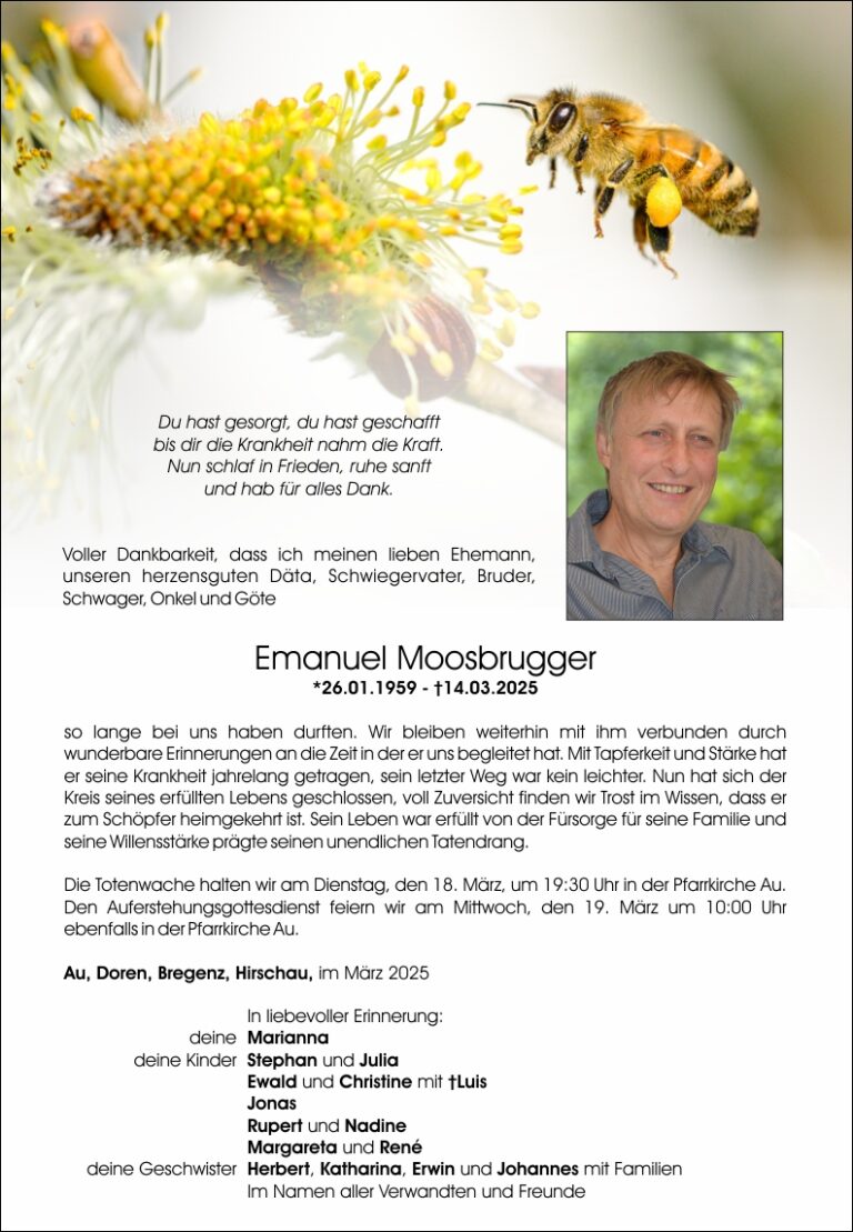 Traueranzeige Herr Emanuel Moosbrugger Au